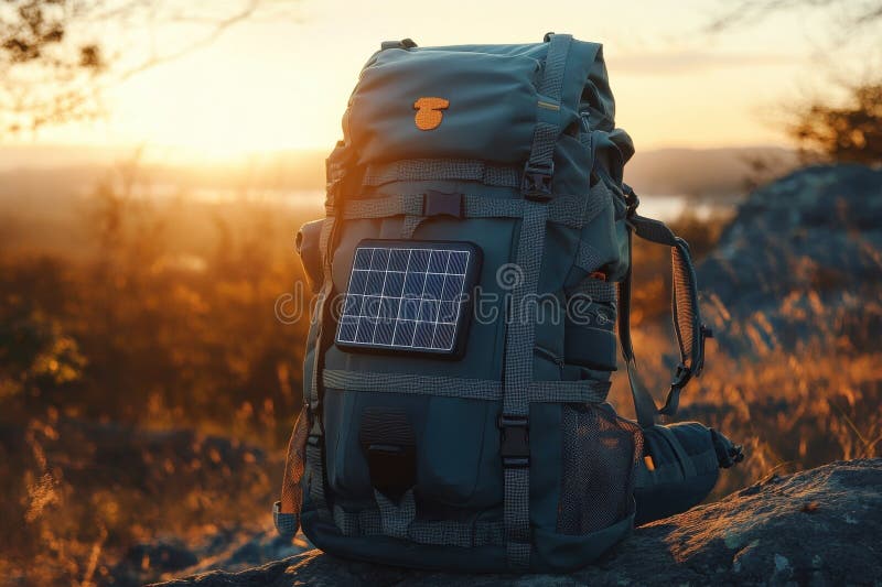 Backpack Equipped with Solar Panel at Sunset in a Scenic Outdoor ...