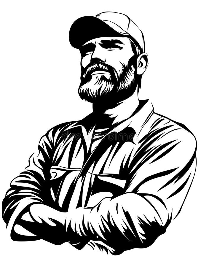 Rugged Bearded Man in Cap Confidently Posing Black and White Vector Art ...