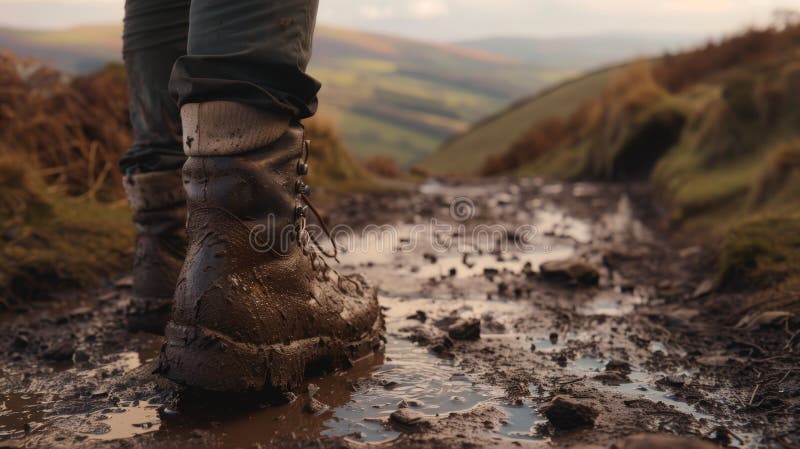 Rugged Boots Treading through Mud on Hiking Trail Generative Ai Stock ...