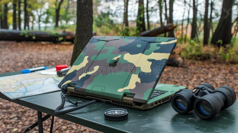 Camouflage Laptop Setup Outdoors with Adventure Gear Stock Illustration ...