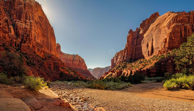Rugged Canyon Features Towering Red Cliffs and Lush Greenery Below ...