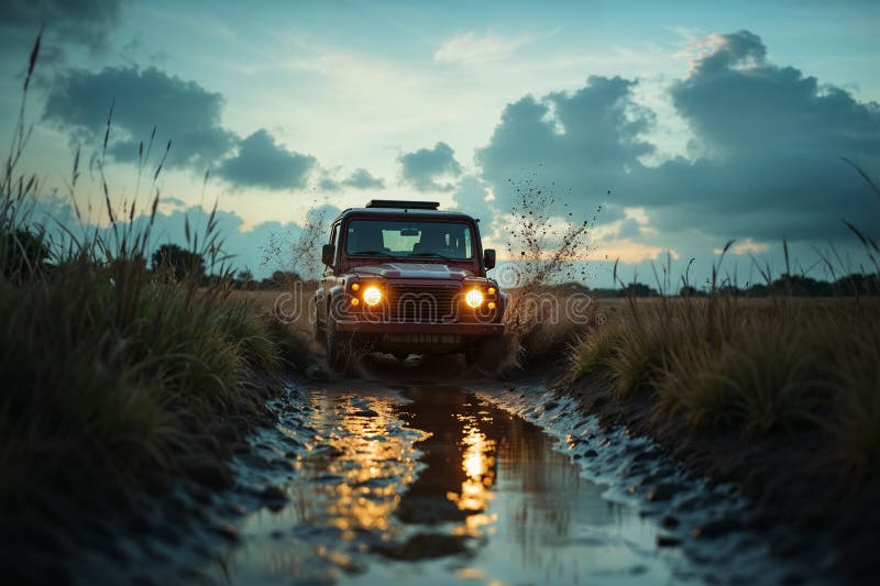 Rugged Car Splashes through a Muddy Trail at Sunset Stock Illustration ...