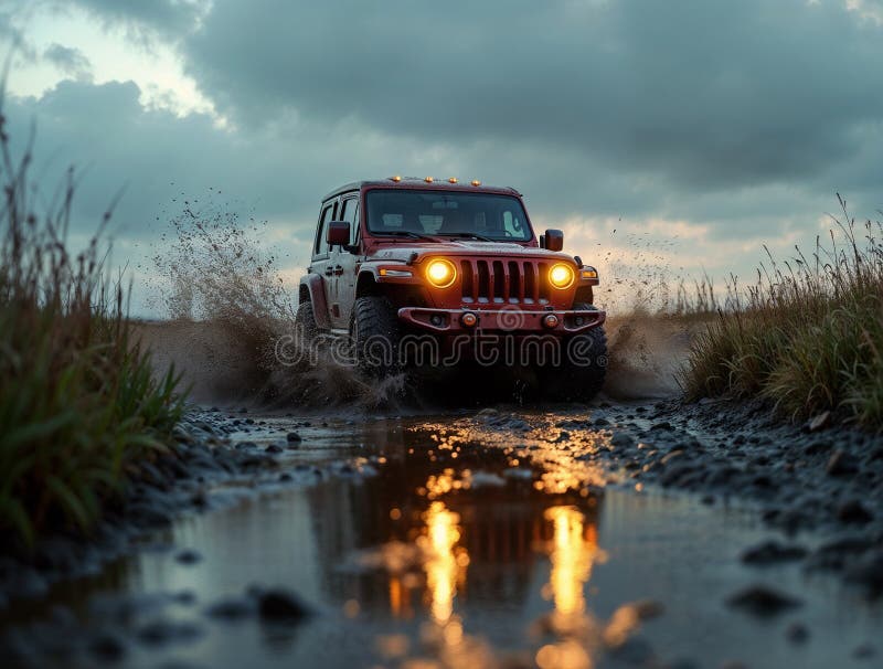 Rugged Car Splashes through a Muddy Trail at Sunset Stock Illustration ...