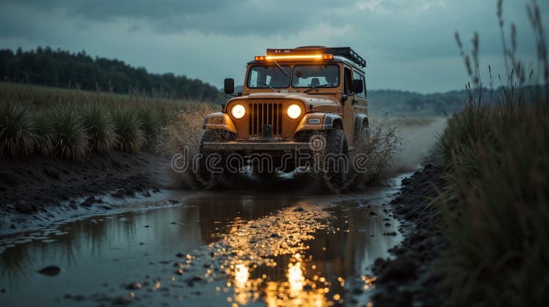 Rugged Car Splashes through a Muddy Trail at Sunset Stock Illustration ...