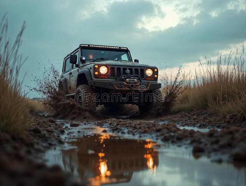 Rugged Car Splashes through a Muddy Trail at Sunset Stock Illustration ...