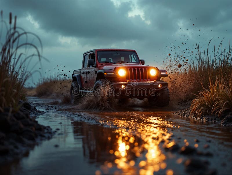 Rugged Car Splashes through a Muddy Trail at Sunset Stock Illustration ...