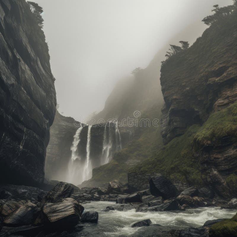 Rugged Cliff Face with Waterfall and Misty Atmosphere Stock ...