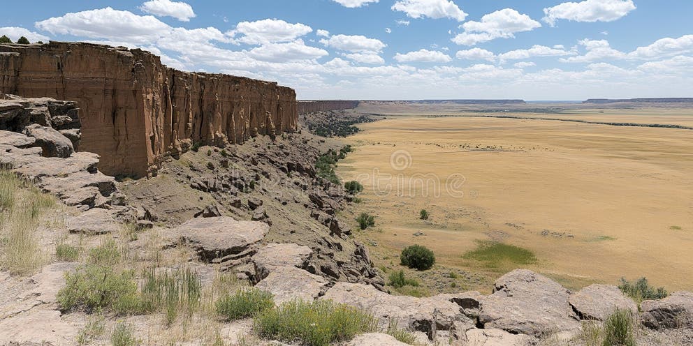 A Rugged Cliff Overlooks a Vast Dry Plain Stock Illustration ...