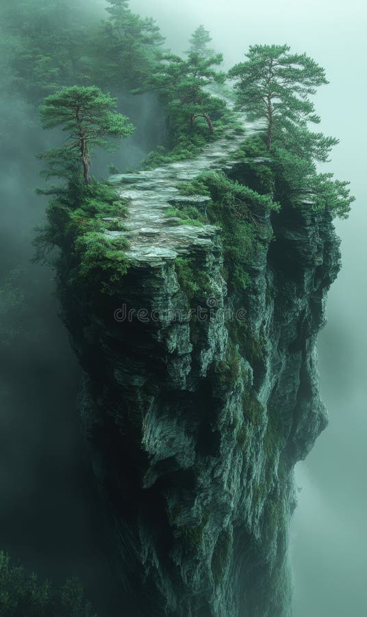 Rugged Cliff Trees Under Misty Sky Serene Nature Landscape Stock Photos ...