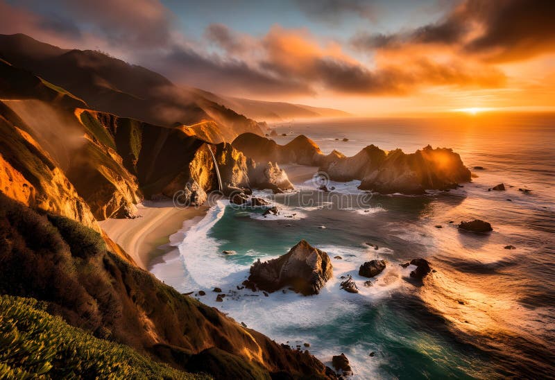 Rugged Cliffs of Big Sur at Sunset Stock Illustration - Illustration of ...