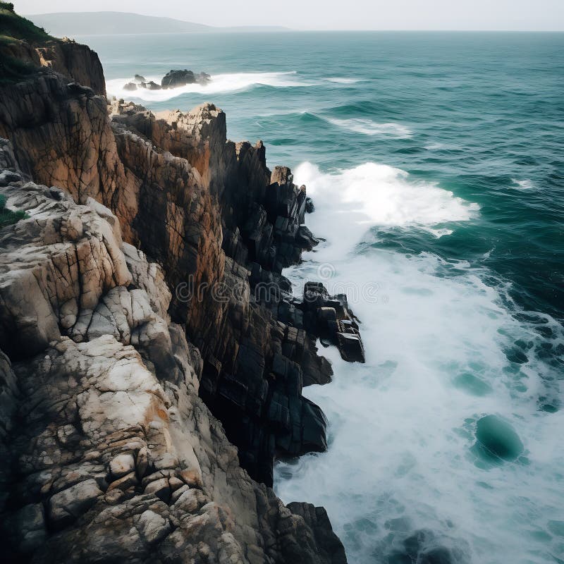Rugged Cliffs Meet Ocean Waves in Dramatic Coastal Scene Stock ...