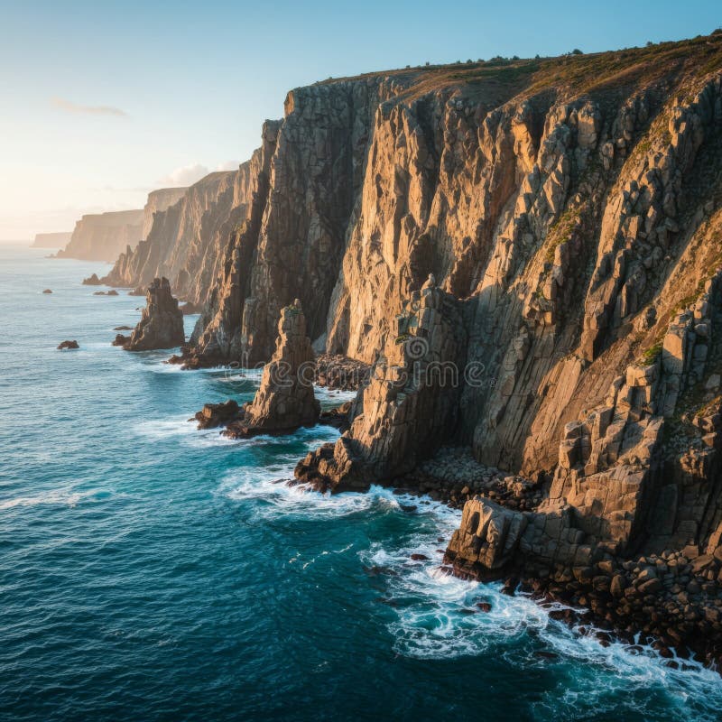 Rugged Cliffs and Ocean Waves at Sunset Stock Illustration ...