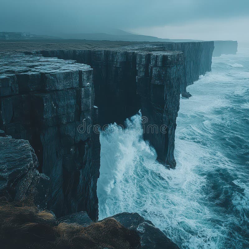 Rugged Cliffside with Dark Clouds and Waves Crashing Below Stock Image ...
