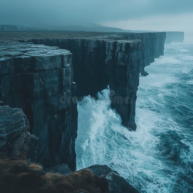 Rugged Cliffside with Dark Clouds and Waves Crashing Below Stock Image ...
