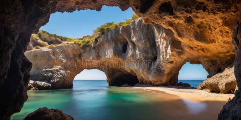 Rugged Coastal Cave with Stalactites Overlooking a Serene Ocean. Stock ...