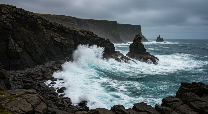 Rugged Coastal Cliffs Battered by Powerful Ocean Waves, with Jagged ...