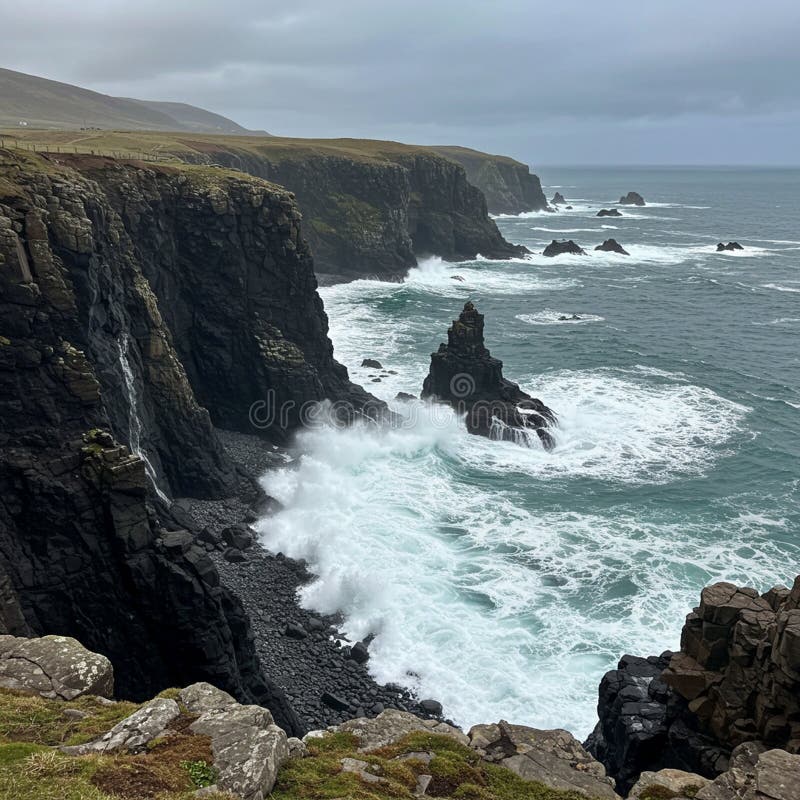 Rugged Coastal Cliffs with Dark, Jagged Rock Formations Rise ...
