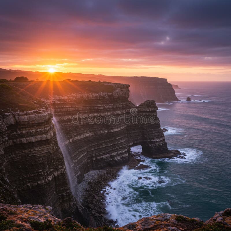 Rugged Coastal Cliffs with Layered Rock Formations and a Waterfall ...