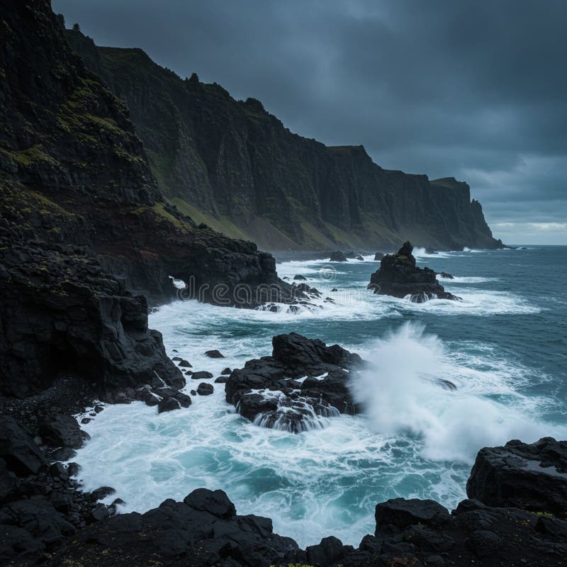 Rugged Coastal Landscape Featuring Dramatic Cliffs and Dark Rocky ...