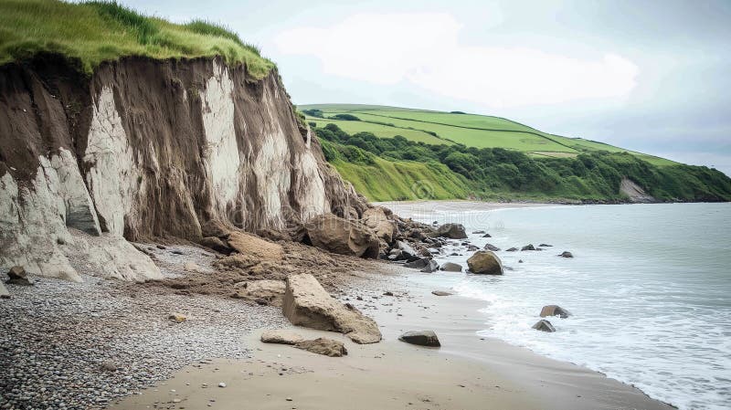 A Rugged Coastal Landscape Featuring Eroded Cliffs, Covered with Grass ...