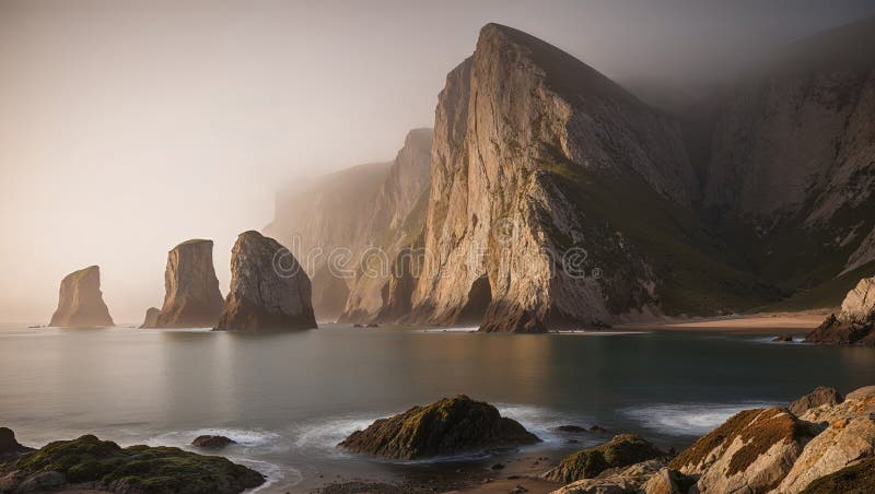 Rugged Coastal Landscape with Rocky Cliffs and Calm Sea. Stock Photo ...