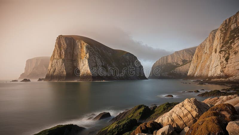 Rugged Coastal Landscape with Rocky Cliffs and Calm Sea. Stock Photo ...