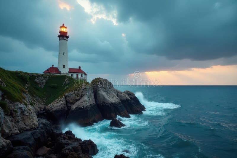 Rugged Coastal Lighthouse, Dramatic Ocean Backdrop, Coastal, Nature Stock Illustration ...