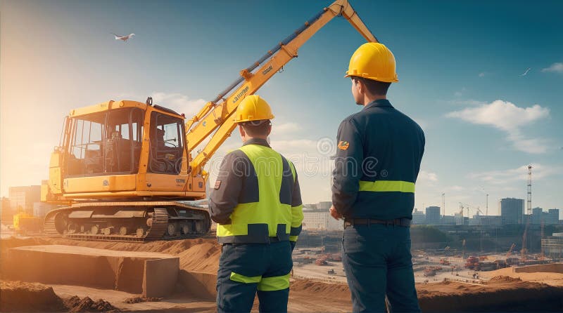 Rear View of Construction Worker Watching Excavator Hauling Earth at ...