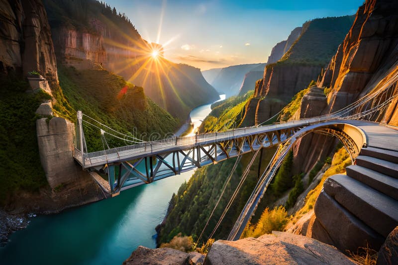 A Rugged and Dramatic Canyon with a Suspension Bridge Spanning a Deep ...