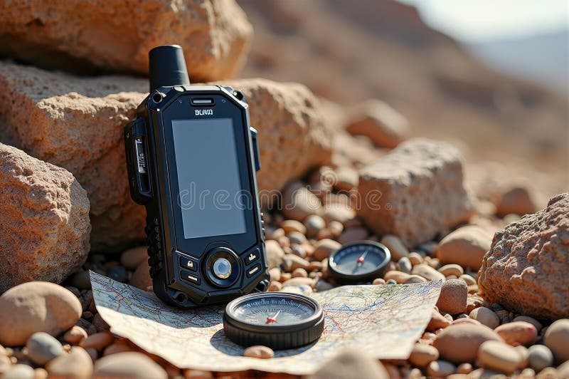 Rugged Gps Device and Compass on Rocks with Map in Outdoor Adventure ...