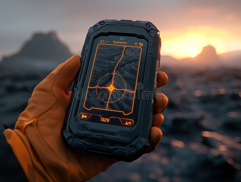 Rugged GPS Device Displaying Marked Route in Stunning Landscape Stock ...