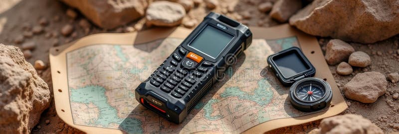 Rugged Gps Device on Map with Compass in Outdoor Adventure Setting ...