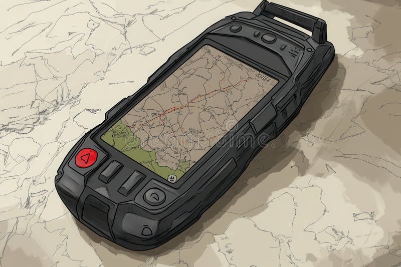 A Rugged Handheld GPS Device Displaying a Topographical Map Stock ...