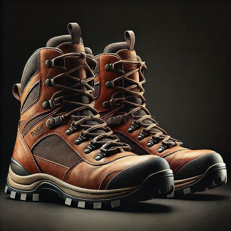 Rugged Hiking Boots with Laces and Tread on Black Background Stock ...