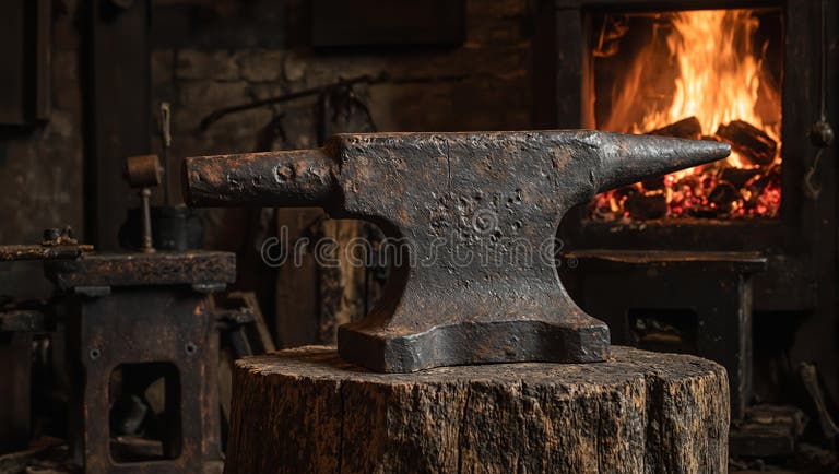 Rugged Iron Anvil on Wood Stump Fiery Forge Backdrop Stock Illustration ...