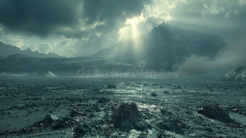 Dramatic Landscape with Rocky Terrain and Rays of Light Breaking ...