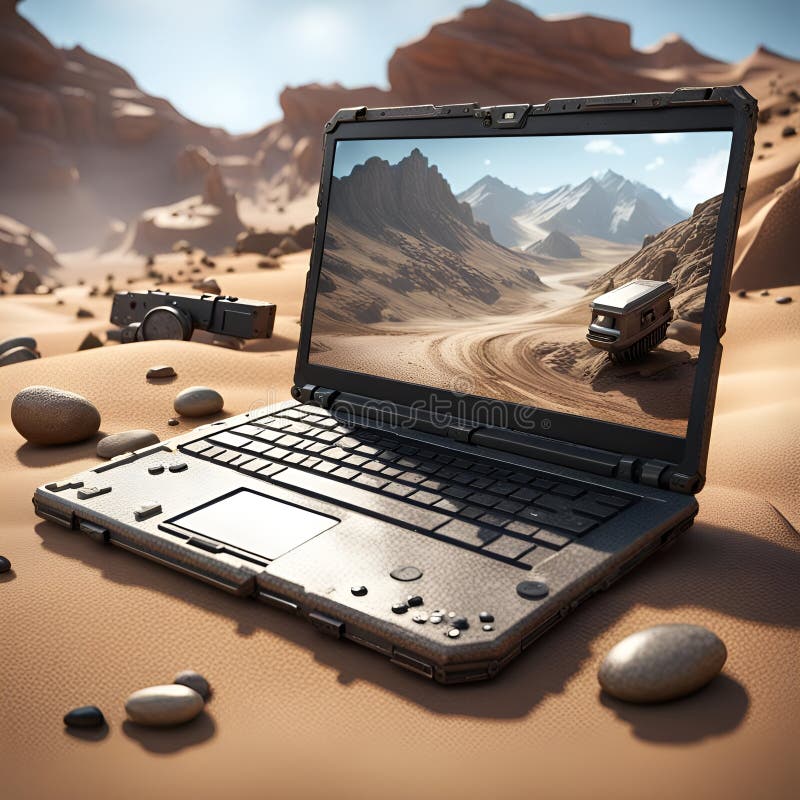 Rugged Laptop Showcasing Desert Landscape in Outdoor Setting Stock ...