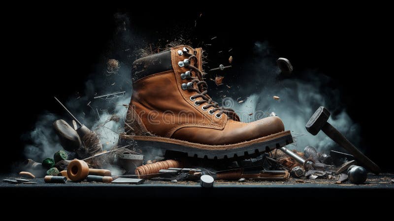 Rugged Leather Boot Surrounded by Tools and Flying Debris in Dynamic ...