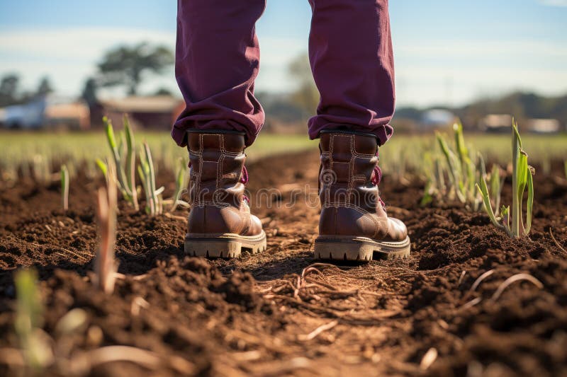 A Rugged Man Wearing Work Boots Stands Tall in an Expansive Field ...