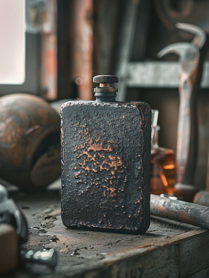 Rugged Metal Flask in a Rustic Workshop Setting Stock Image - Image of ...