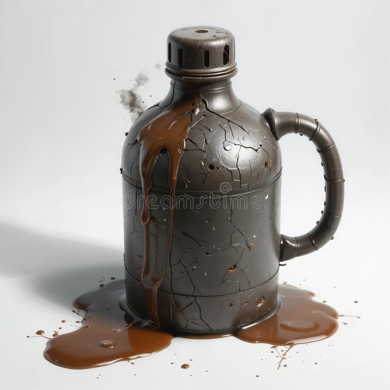 Rugged Metallic Jug Leaking Brown Liquid on Light Background Stock ...