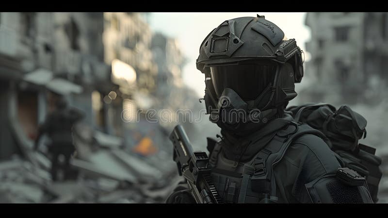 Rugged Military Commando Navigates Debris Strewn Post Apocalyptic ...