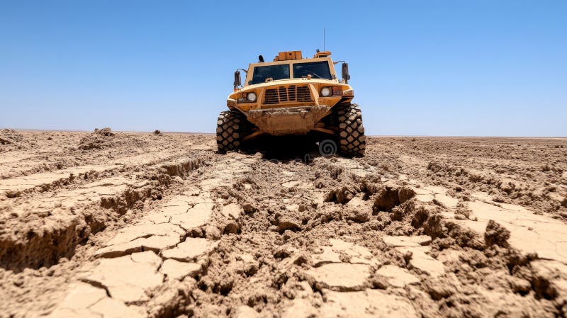 Rugged Military Vehicle Navigating Harsh Desert Terrain on a Bright ...
