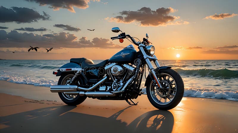 Rugged Motorcycle on Sandy Beach during Sunset Stock Illustration ...