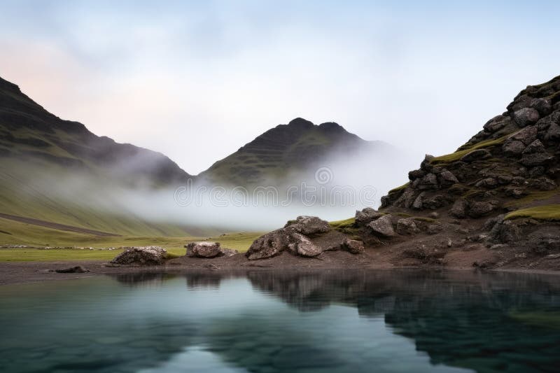 Rugged Mountain Backdrop Behind a Misty Geothermal Pool Stock Photo ...