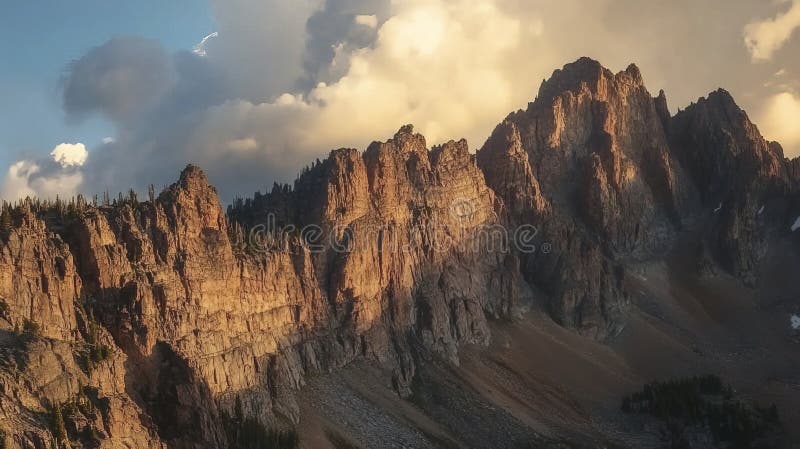 Rugged Mountain Cliffs Illuminated by Golden Sunlight and Dramatic ...