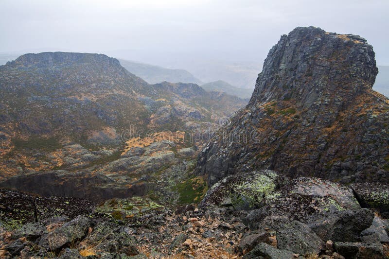 Rugged Mountain Landscape Rocky Outcrops Sparse Vegetation Shrouded ...
