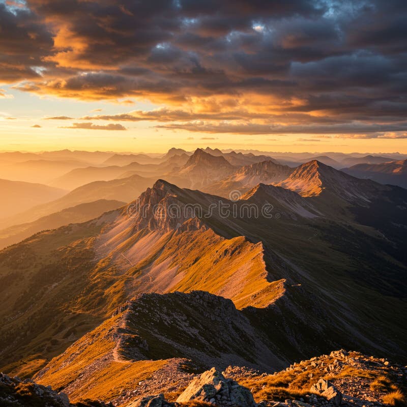 Rugged Mountain Range with Sharp Ridges Illuminated by Warm, Golden ...