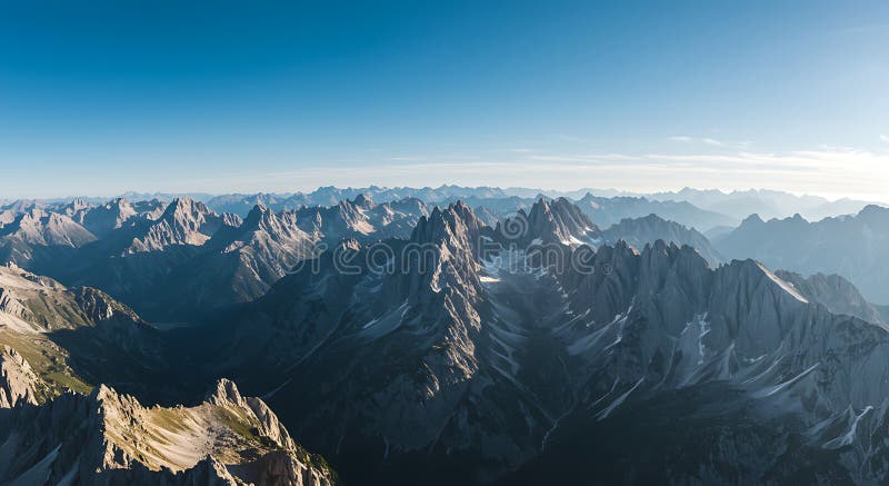 Rugged Mountain Range Under a Clear Blue Sky Features Jagged Peaks and ...