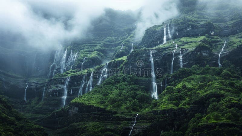 A Rugged Mountain Range with Waterfalls Cascading Down Its Slopes ...